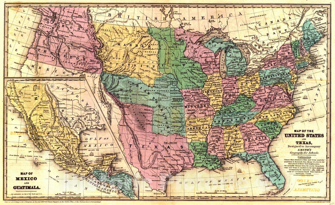 Historic Map : 1839 Map of the United States and Texas : Vintage Wall ...