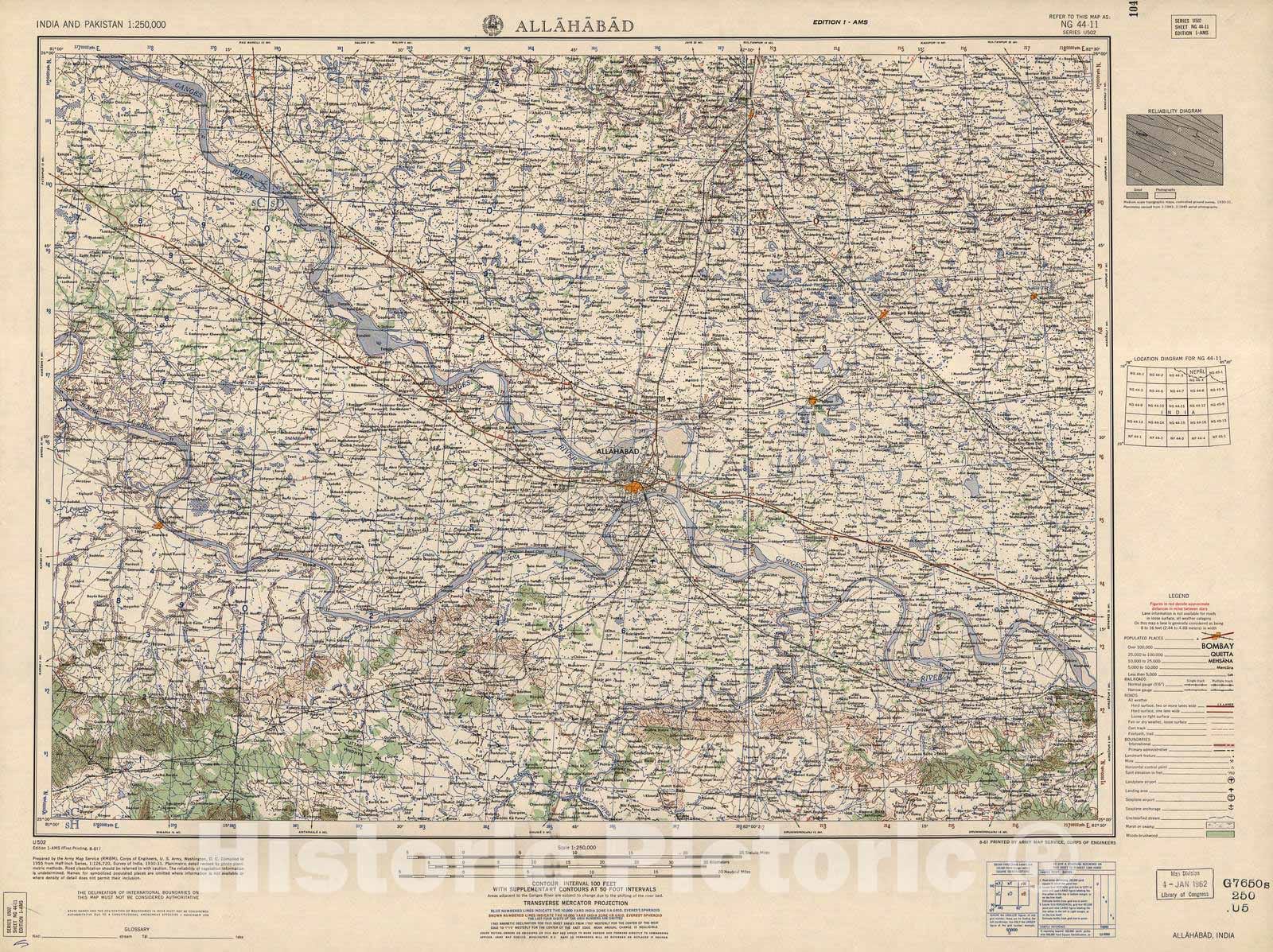 Historic 1955 Map - India and Pakistan 1:250,000. - Allahabad, India 1 ...