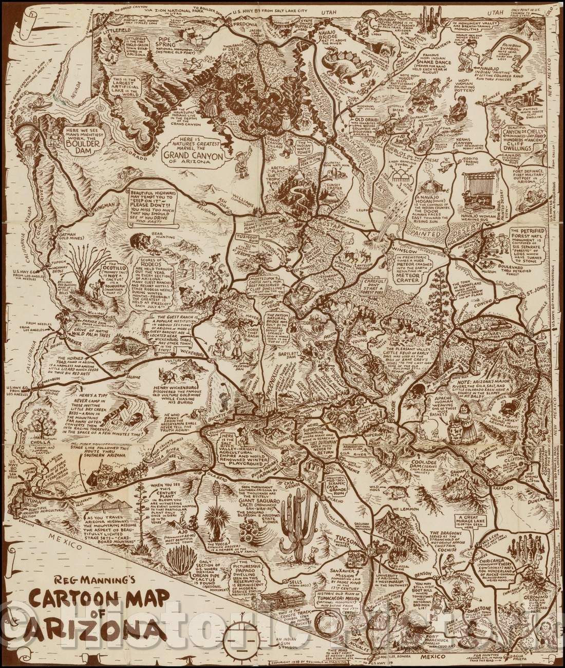 Historic Map - Reg Manning's Cartoon Map of Arizona, 1938, Reginald Ma ...