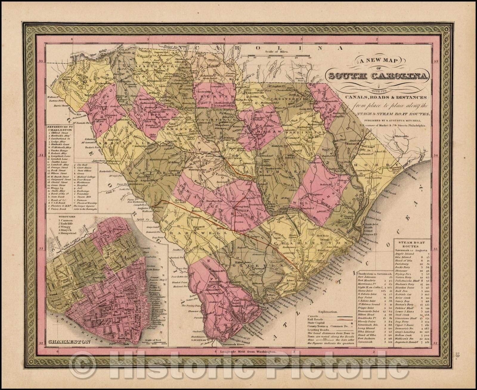 Historic Map - South Carolina with Its Canals, Roads & Distances from ...