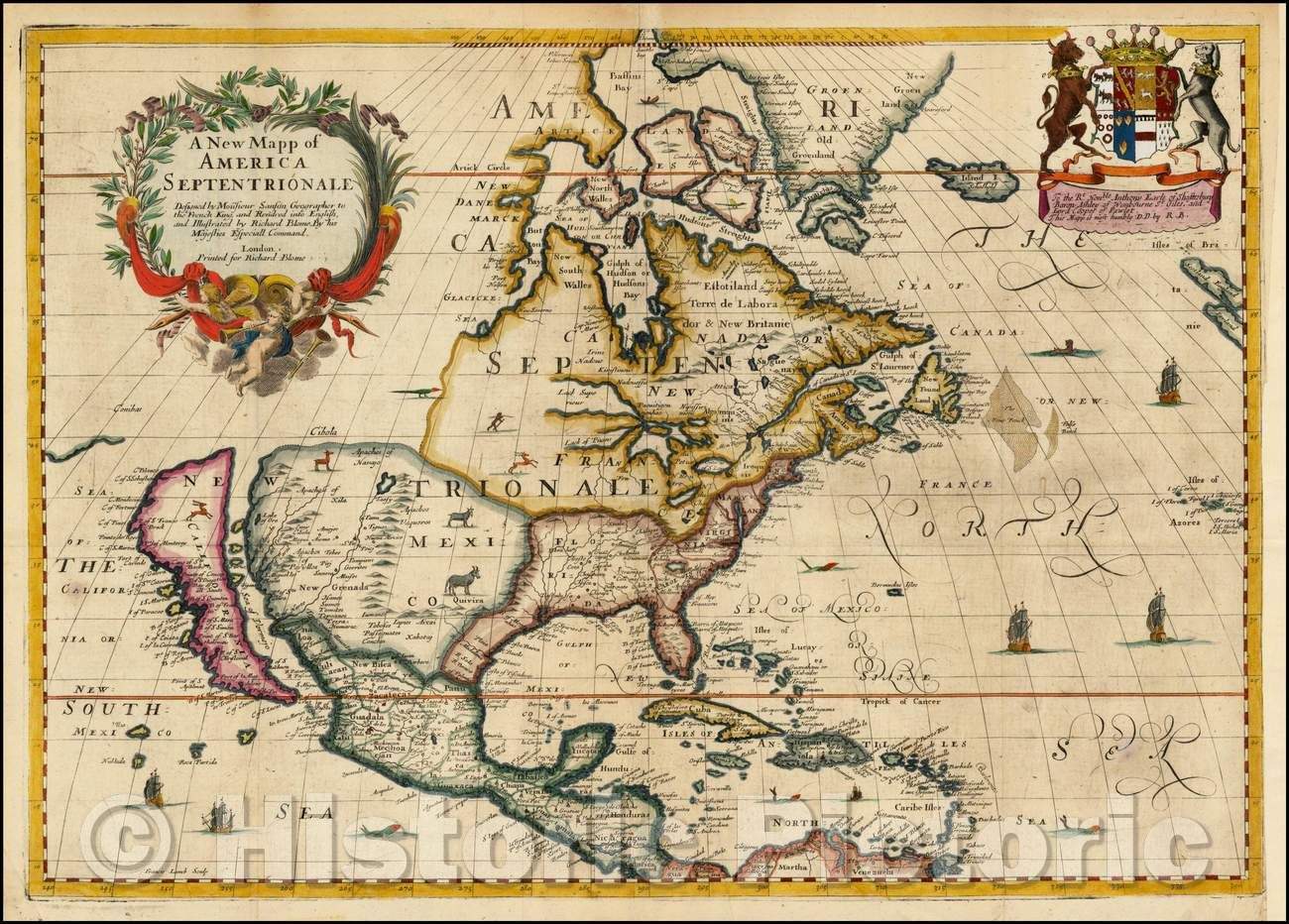 Historic Map - A New Mapp of America Septentrionale, 1682, Richard Blo ...