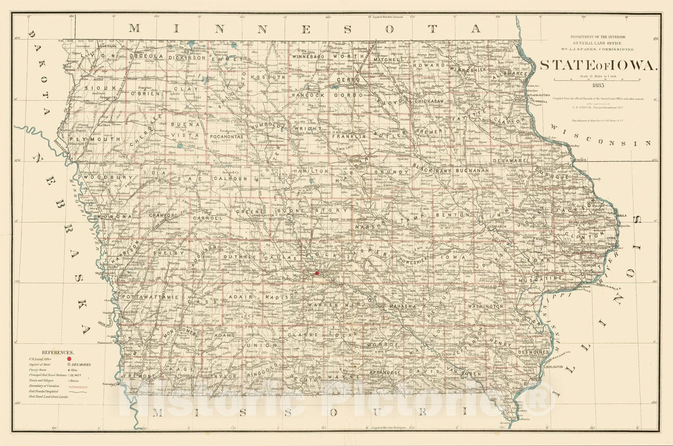 Historic Map - State of Iowa, 1885, U.S. General Land Office - Vintage ...