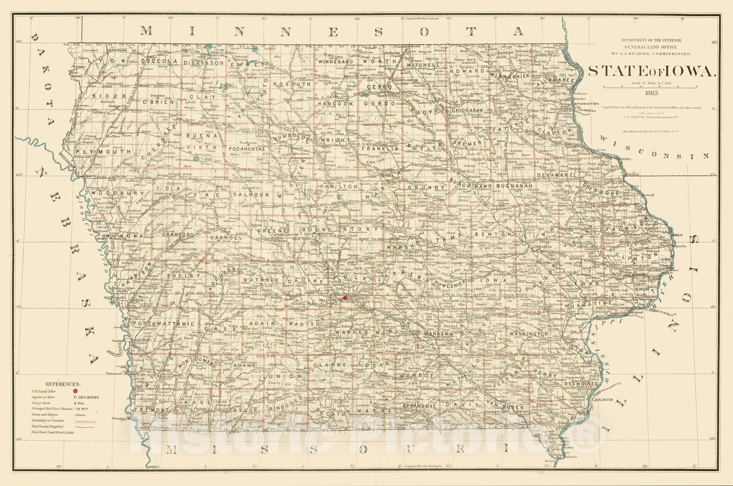 Historic Map - State of Iowa, 1885, U.S. General Land Office - Vintage ...