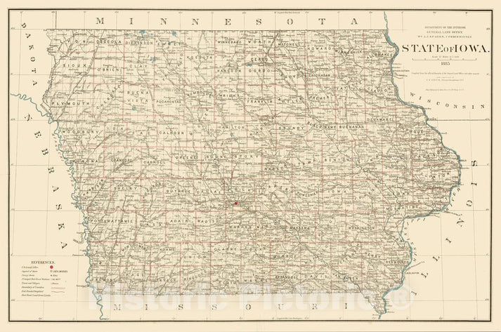 Historic Map - State of Iowa, 1885, U.S. General Land Office - Vintage ...