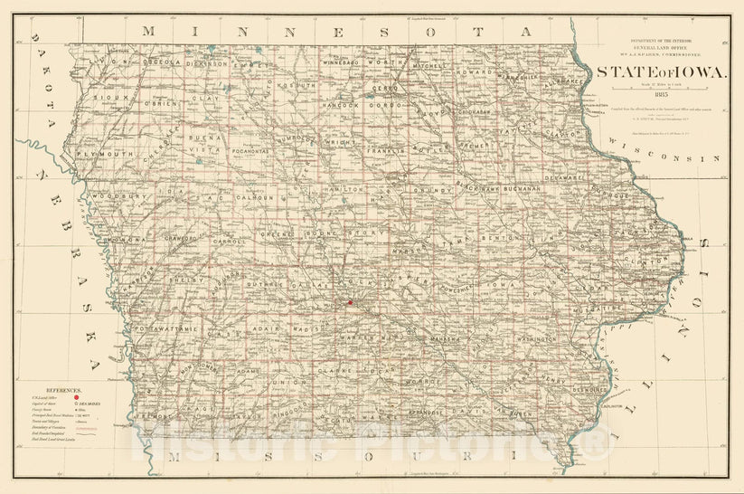 Historic Map - State of Iowa, 1885, U.S. General Land Office - Vintage ...