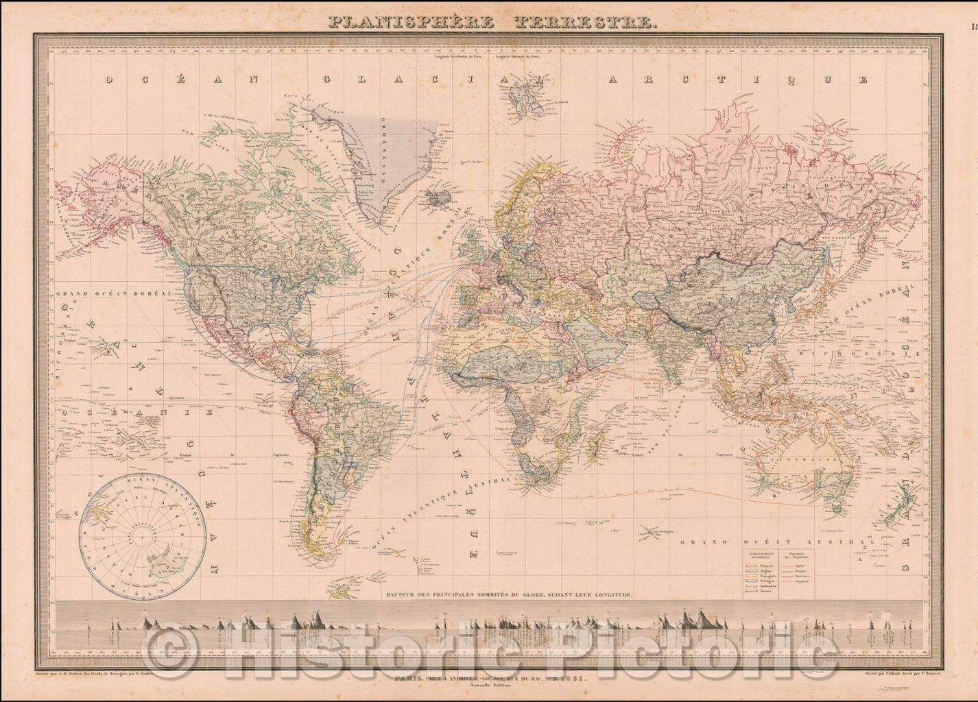 Historic Map - Planisphere Terrestre, 1851, J. Andriveau-Goujon - Vint ...