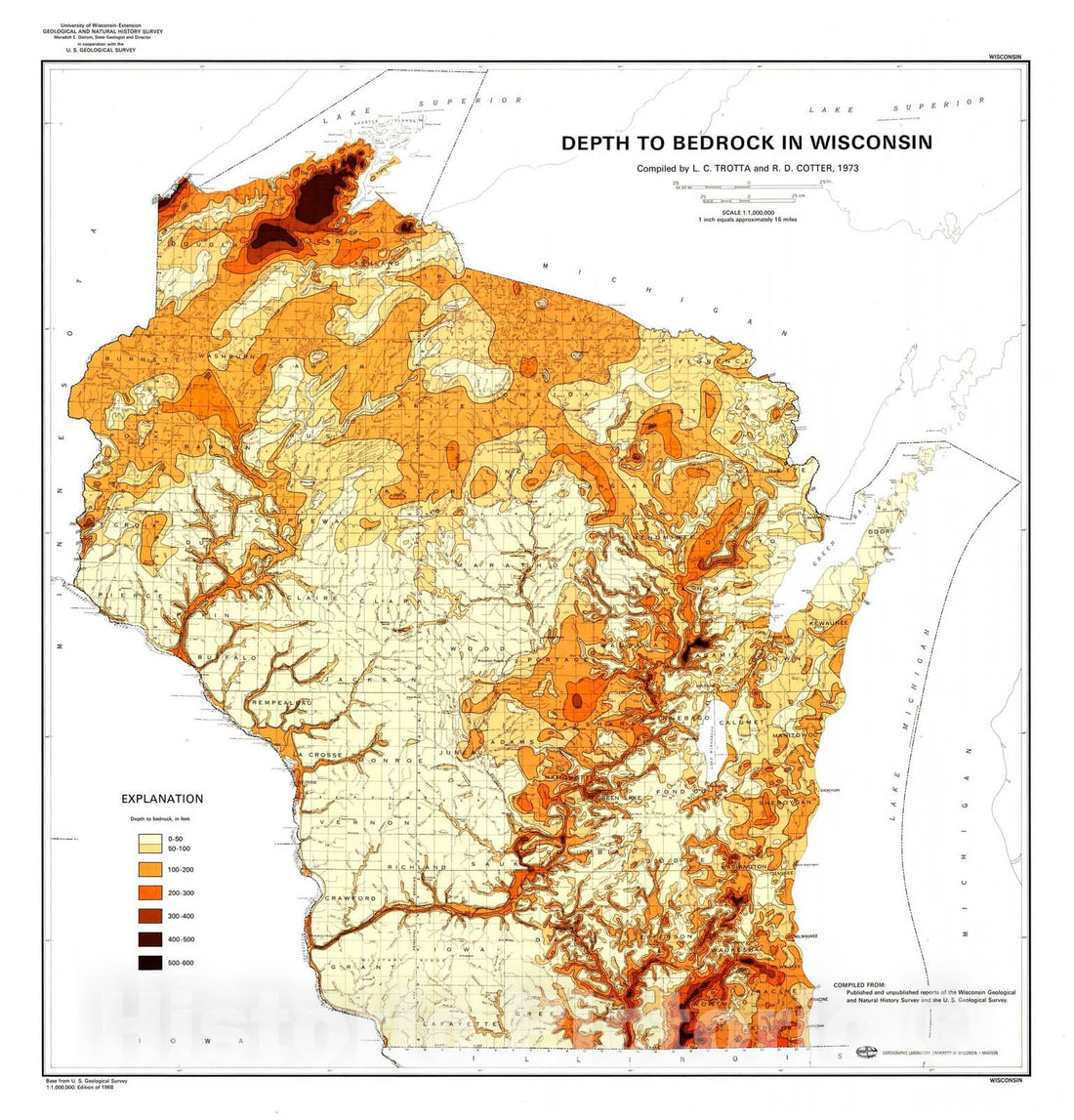 Map : Depth to Bedrock in Wisconsin, 1973 Cartography Wall Art ...