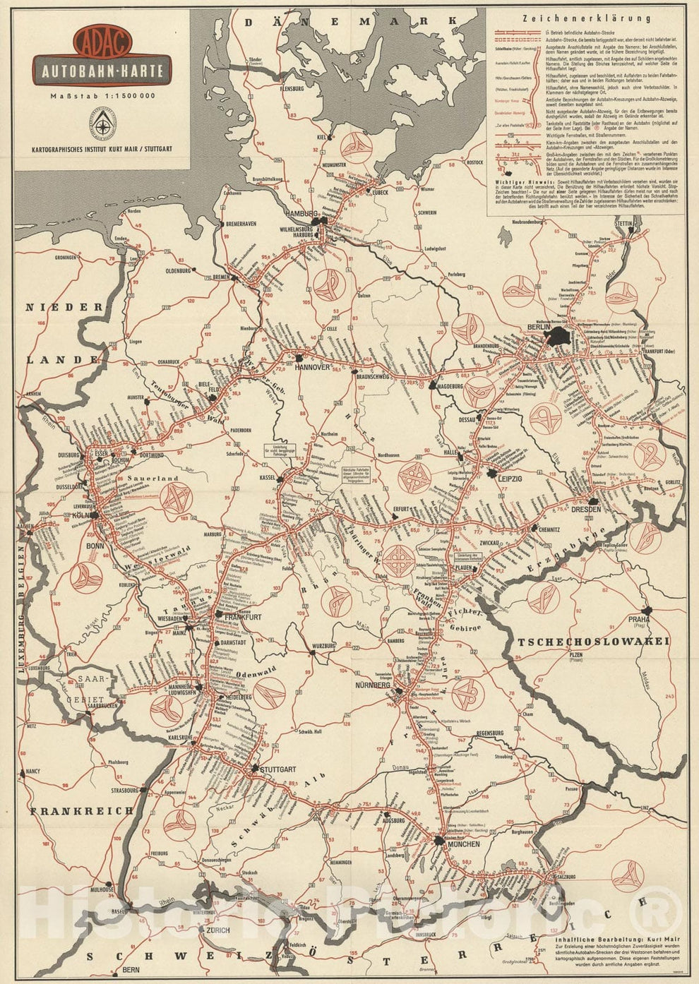 Historic Map : ADAC Autobahn-Karte. Masstab 1:1 500 000, 1950, Vintage ...