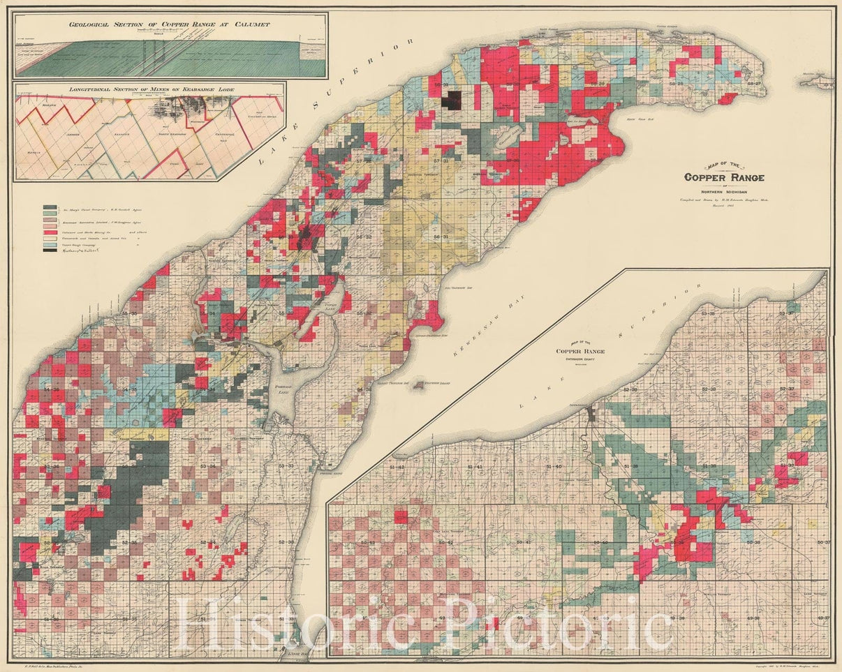 Historic Map : Michigan Northern Peninsula Copper Mines w/manuscript ...