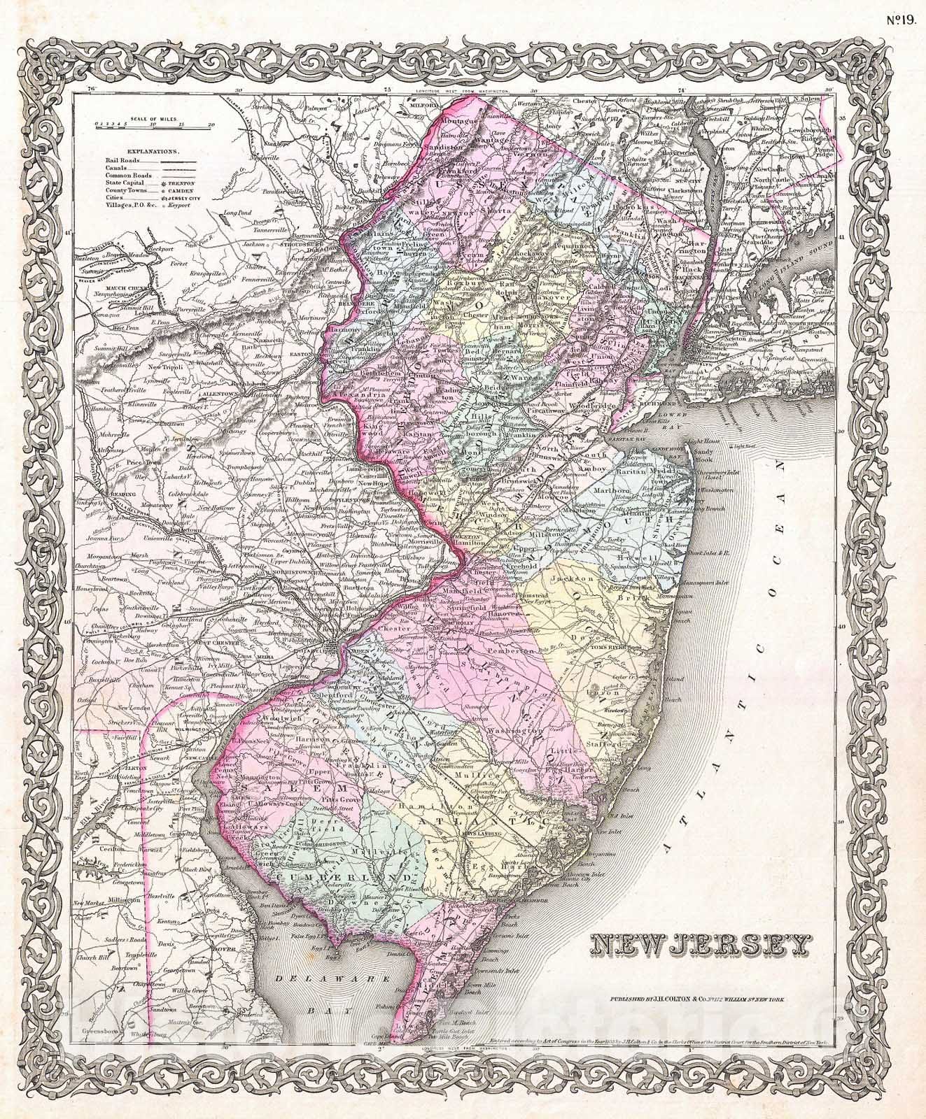 Historic Map : Colton Map of New Jersey, Version 2, 1855, Vintage Wall ...