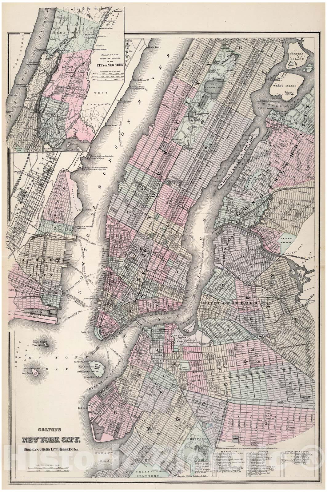 Historic Map : Colton Map of New York City (Manhattan, Brooklyn, Long ...