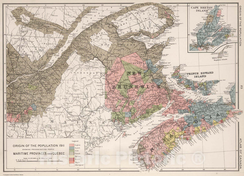 Historic Map : Origin of the population 1911. Maritime Provinces and Q ...