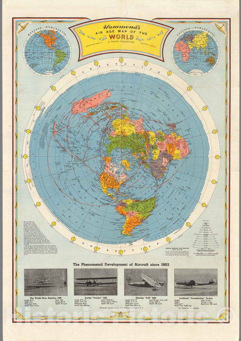1948 World Airline Routes Polar Projection Map Print – Historic Pictoric